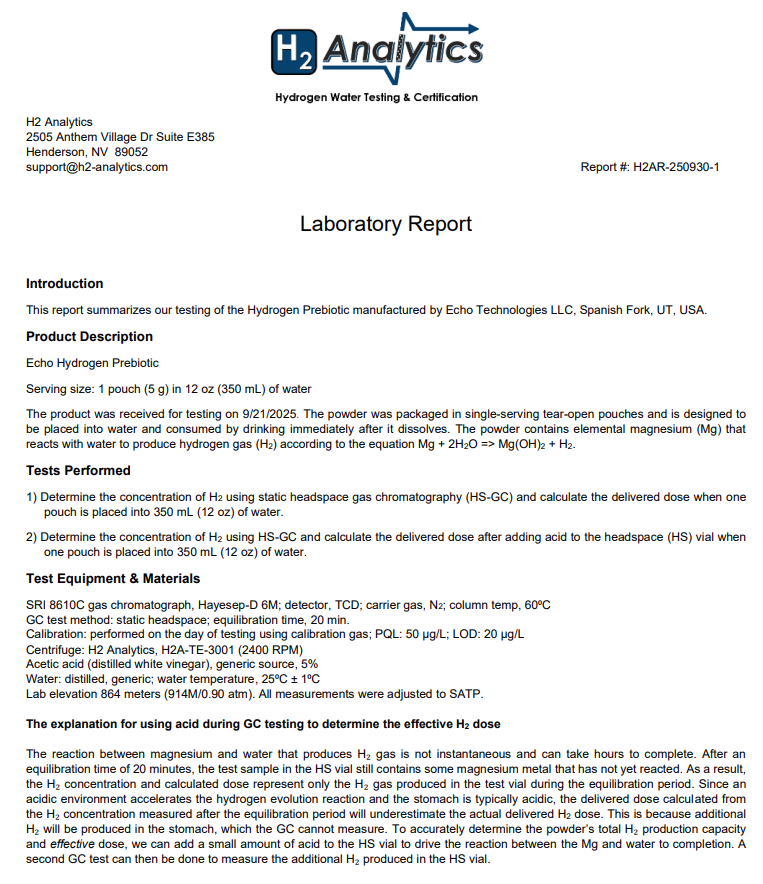 H2 Analytics Laboratory Report - Echo Hydrogen Prebiotic Stick Pack – Echo Water